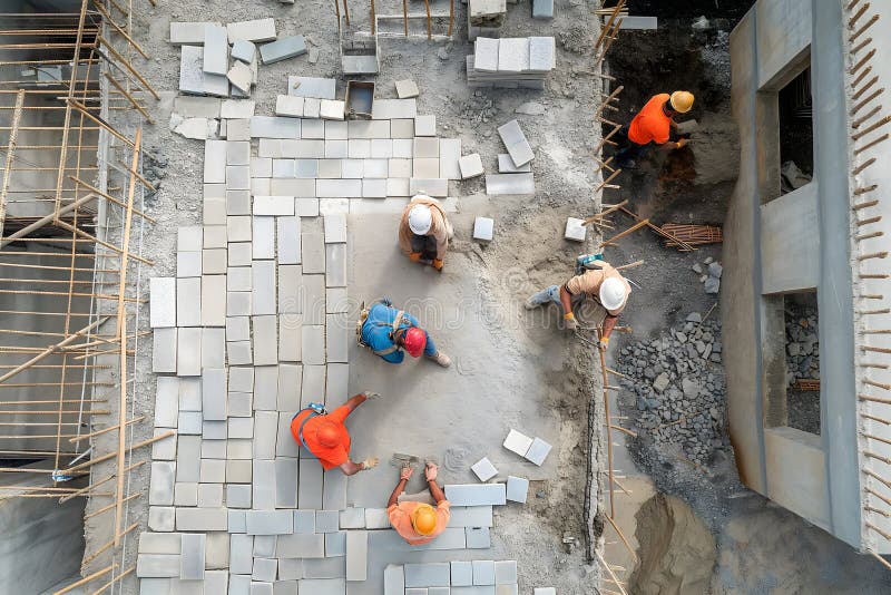 Team of the Construction Workers Works on Foundation of Contemporary ...