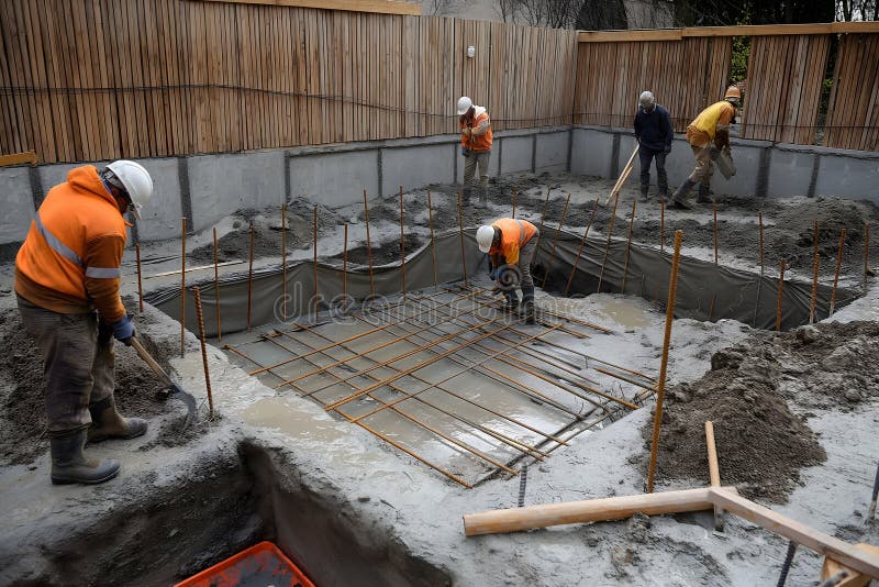 Team of the Construction Workers Works on Foundation of Contemporary ...