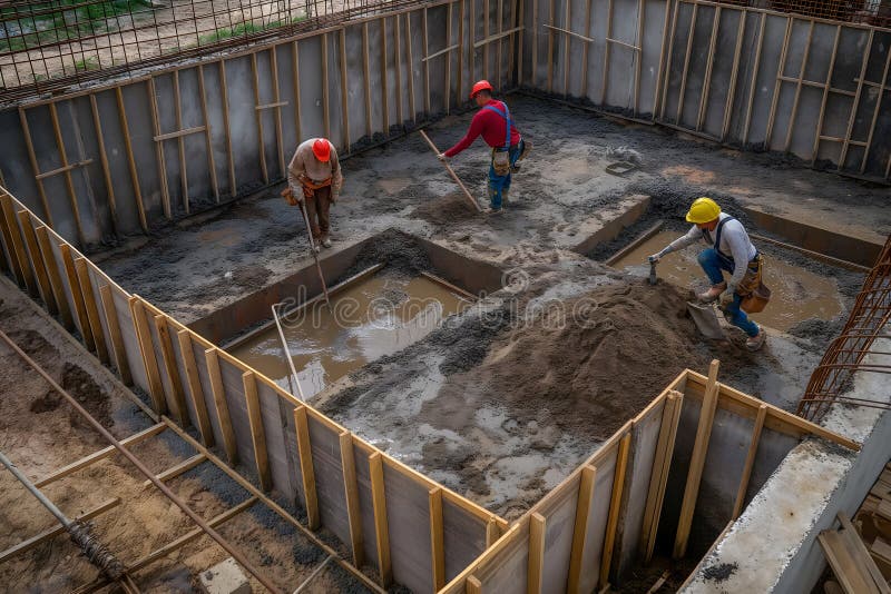 Team of the Construction Workers Works on Foundation of Contemporary ...