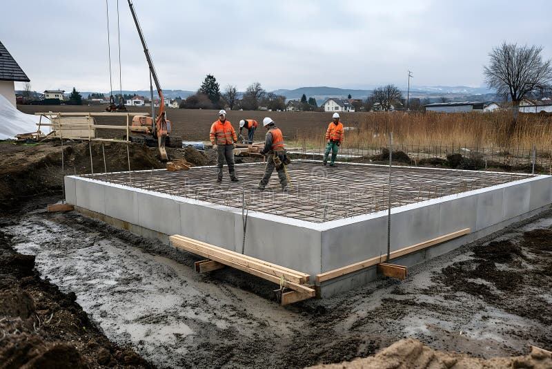 Team of the Construction Workers Works on Foundation of Contemporary ...