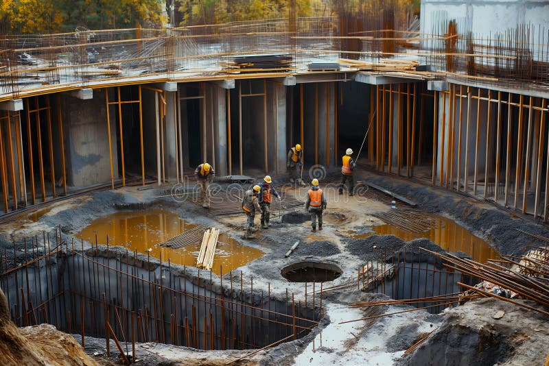 Team of the Construction Workers Works on Foundation of Contemporary ...