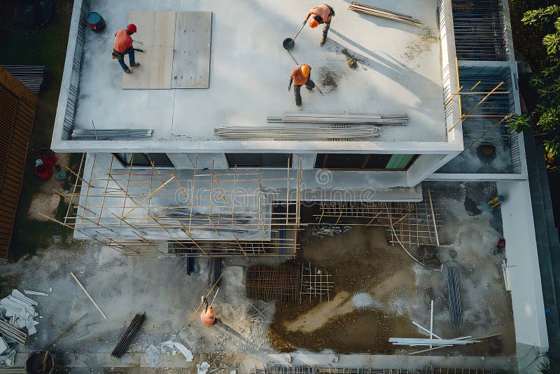 Team of the Construction Workers Works on Foundation of Contemporary ...
