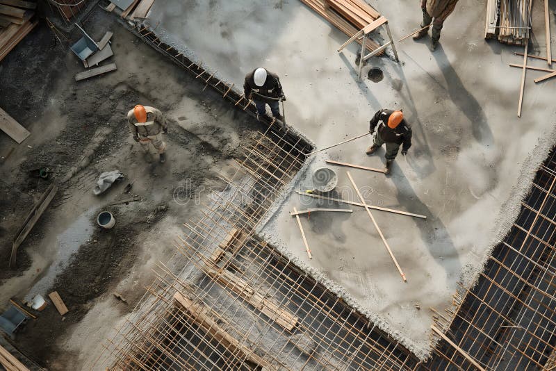 Team of the Construction Workers Works on Foundation of Contemporary ...