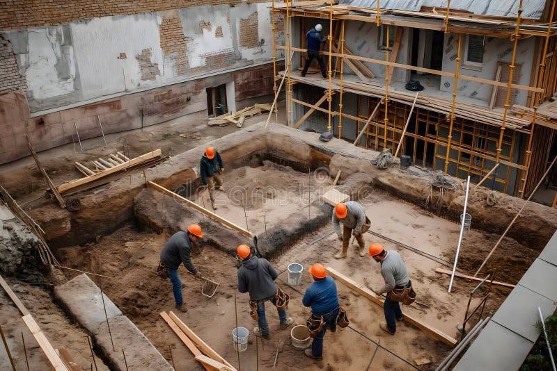 Team of the Construction Workers Works on Foundation of Contemporary ...