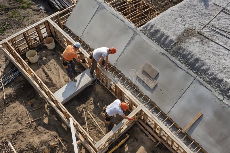 Team of the Construction Workers Works on Foundation of Contemporary ...