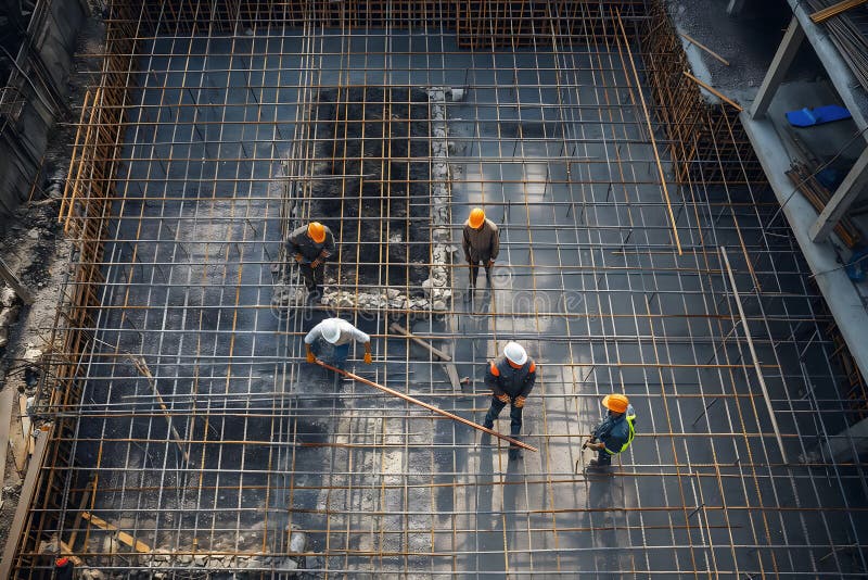 Team of the Construction Workers Works on Foundation of Contemporary ...