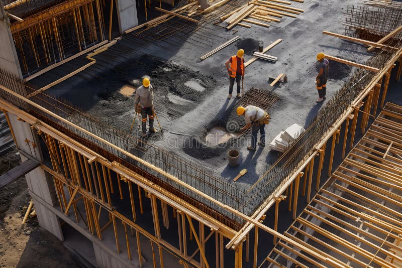 Team of the Construction Workers Works on Foundation of Contemporary ...