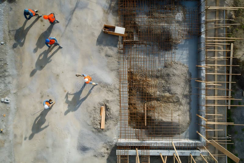 Team of the Construction Workers Works on Foundation of Contemporary ...