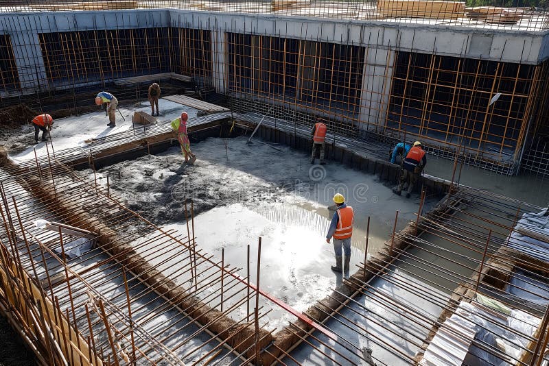 Team of the Construction Workers Works on Foundation of Contemporary ...