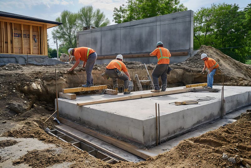 Team of the Construction Workers Works on Foundation of Contemporary ...