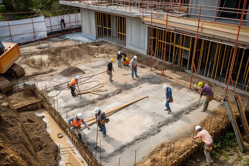 Team of the Construction Workers Works on Foundation of Contemporary ...