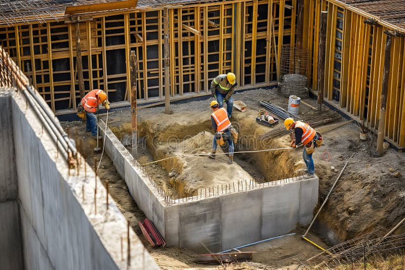 Team of the Construction Workers Works on Foundation of Contemporary ...