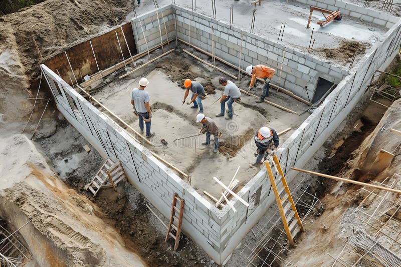 Team of the Construction Workers Works on Foundation of Contemporary ...