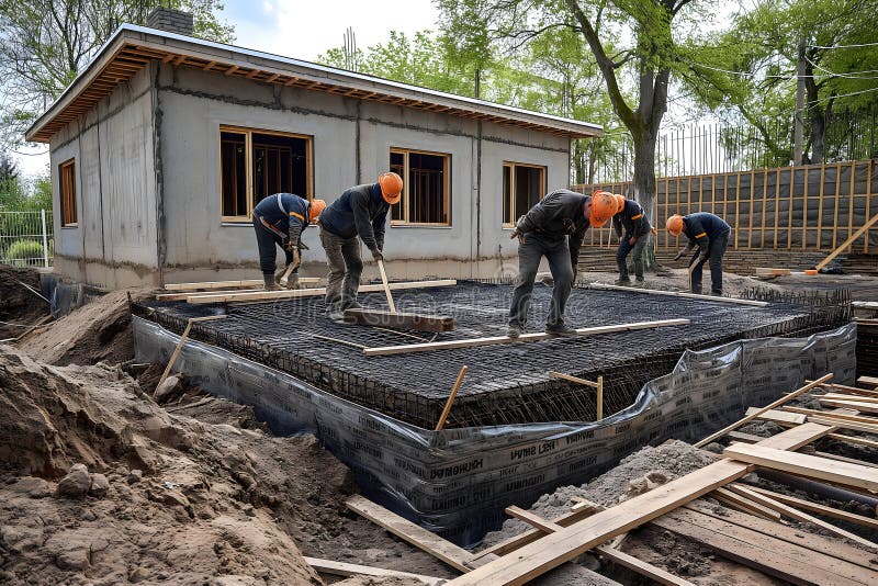 Team of the Construction Workers Works on Foundation of Contemporary ...