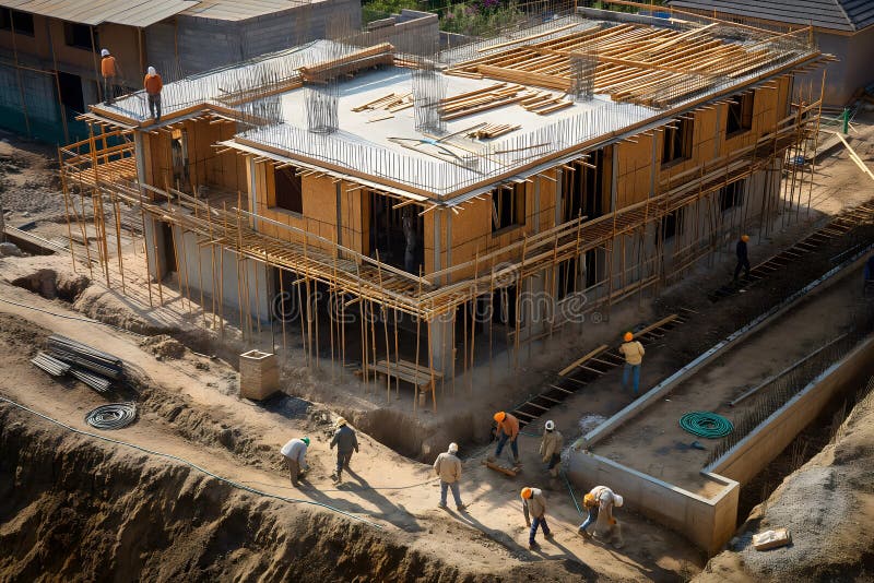Team of the Construction Workers Works on Foundation of Contemporary ...