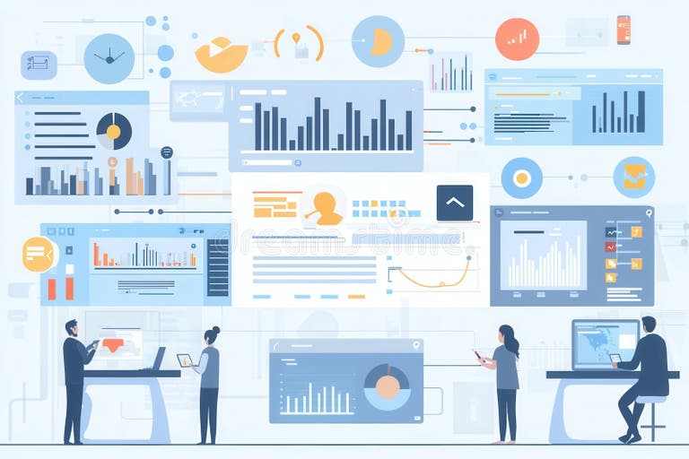 Team Data Analysis Collaboration Pixel Art Illustration of a Modern Office Space with Digital ...