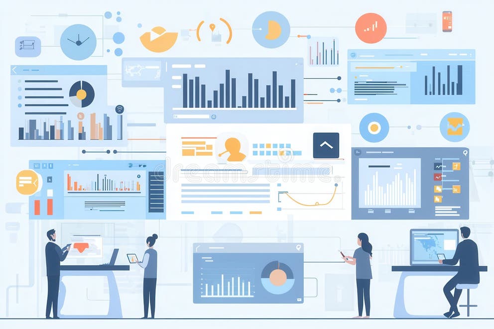 Team Data Analysis Collaboration Pixel Art Illustration of a Modern Office Space with Digital ...