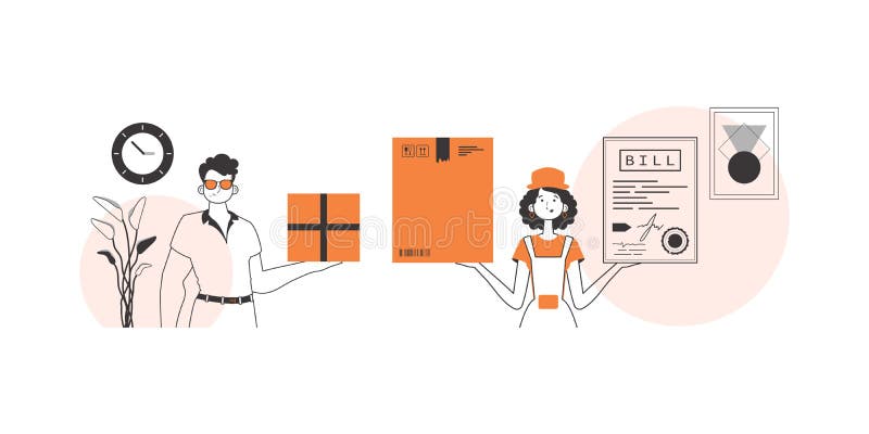 Team for the Delivery of Goods and Parcels. Line Art Style. Stock ...