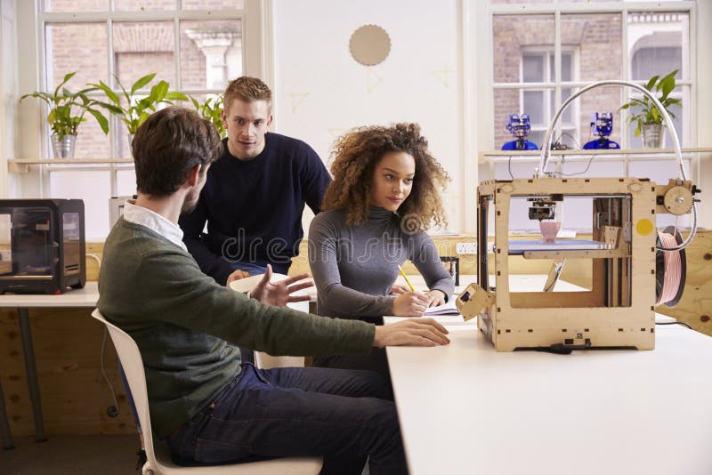 Team of Designers Working with 3D Printer in Design Studio Stock Photo ...