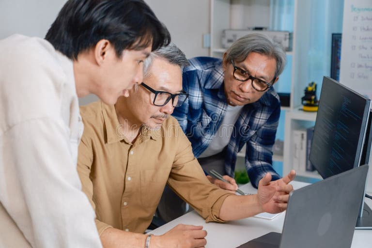 Team of Developers Collaborating in Brainstorming and Coding Project at ...