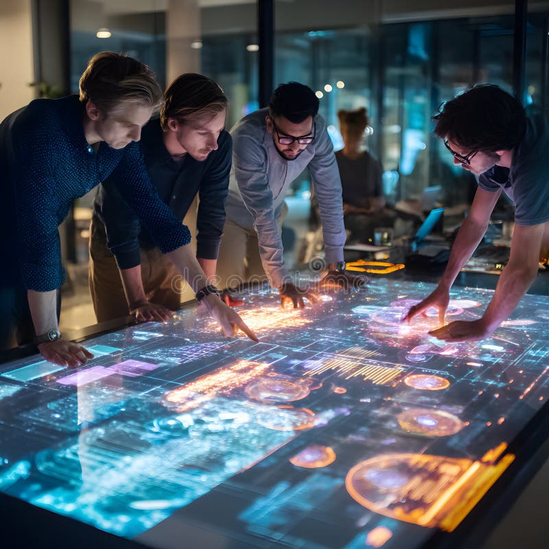 Team Discussing Data on a Bright Interactive Table in Modern Office ...