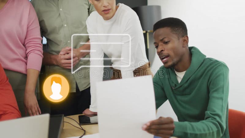 Team Discussing Documents with Chat Bubble and User Icon Animation Stock Video - Video of ...