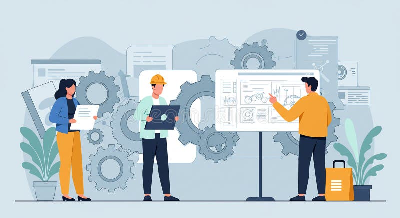 Team Discussing Engineering Plans on Whiteboard with Gear Background ...