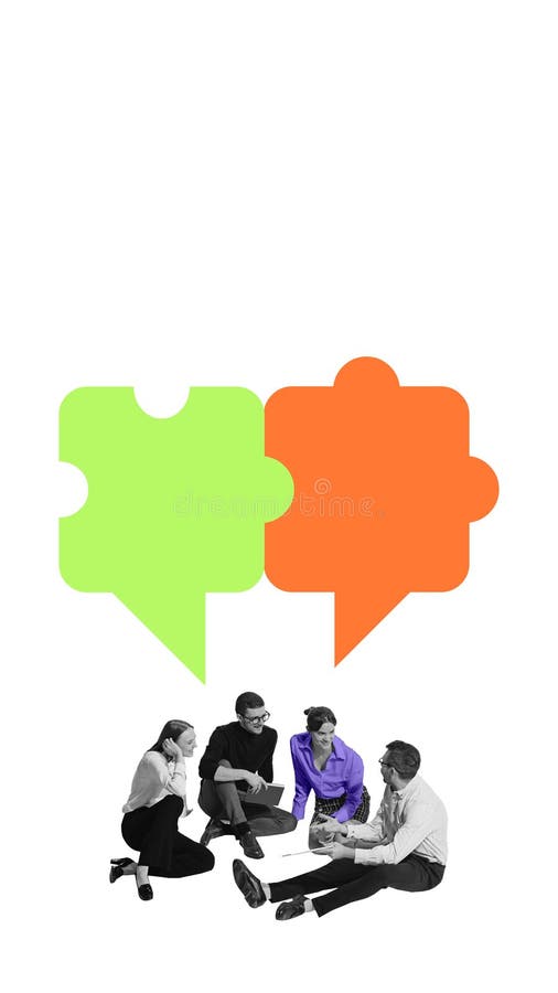 Team Discussing in Speech Bubble Puzzle Pieces, Representing Strategic ...