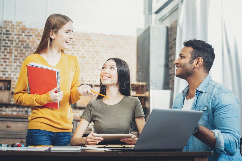 Energetic Three Students Coming Up with Thoughts Stock Photo - Image of ...