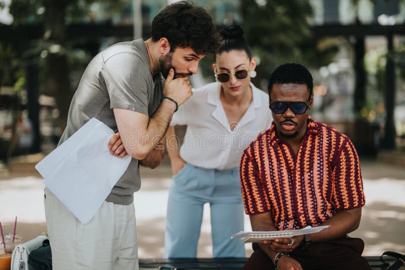 Team of Diverse Colleagues Discussing a Project Outdoors on a Sunny Day ...