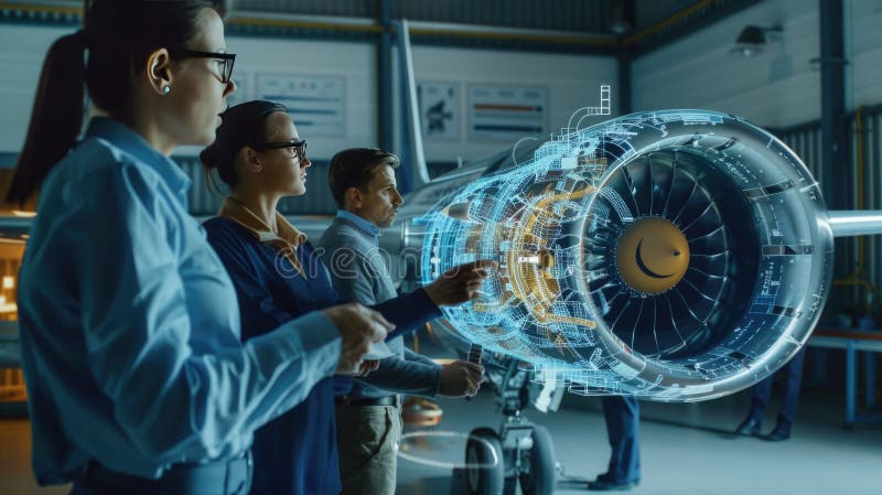 Team of Diverse Engineers and Managers Work on an Augmented Reality Airplane Jet Engine ...