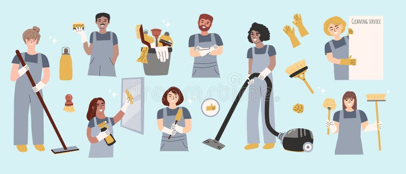 Team of Diverse Workers with Cleaning Supplies and Tools for Home and ...
