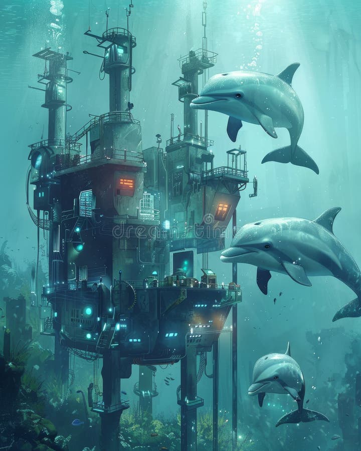 A Team of Dolphins Operating a High Tech Underwater Research Lab Stock ...