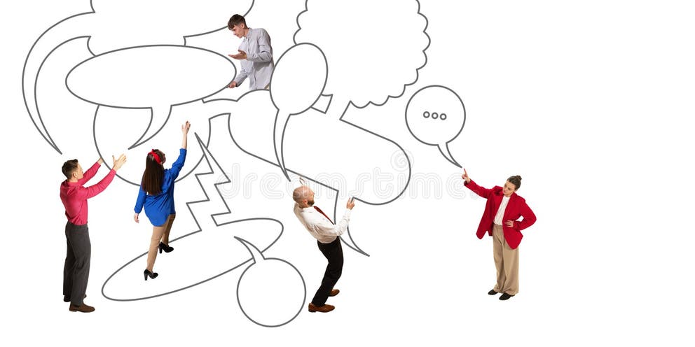 Team Engaging with Floating Speech Bubbles, Reaching for Communication ...