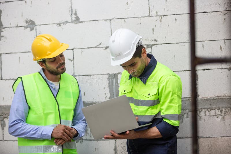 Team Engineer Builder House Construction Using Laptop Check Quality ...