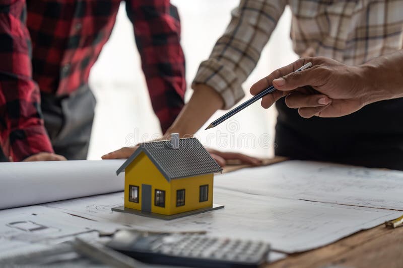 Engineer Working in Office with Blueprints, Inspection in Workplace for ...