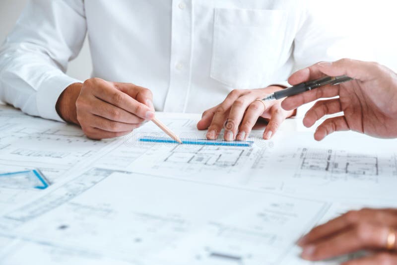 Team Engineer Drawing Graphic Planning and Meeting for Architectural ...