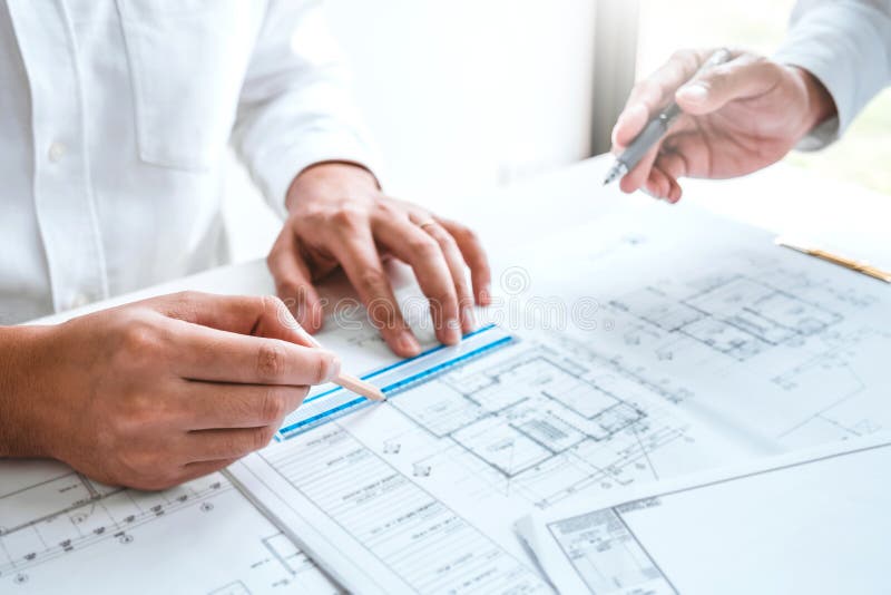 Team Engineer Drawing Graphic Planning and Meeting for Architectural ...
