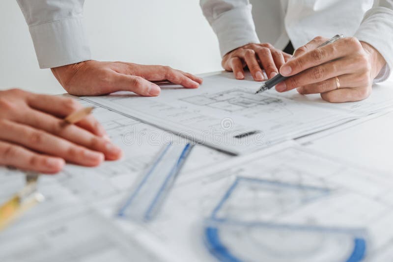 Team Engineer Drawing Graphic Planning and Meeting for Architectural ...