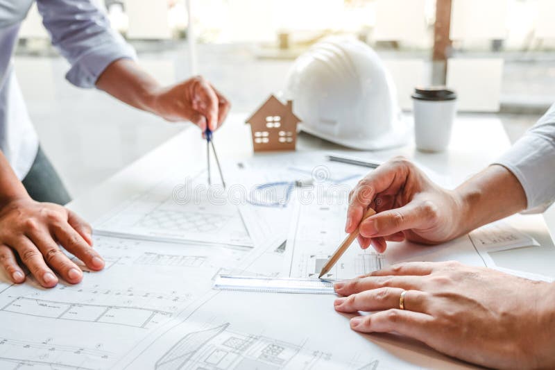 Team Engineer Drawing Graphic Planning and Meeting for Architectural ...