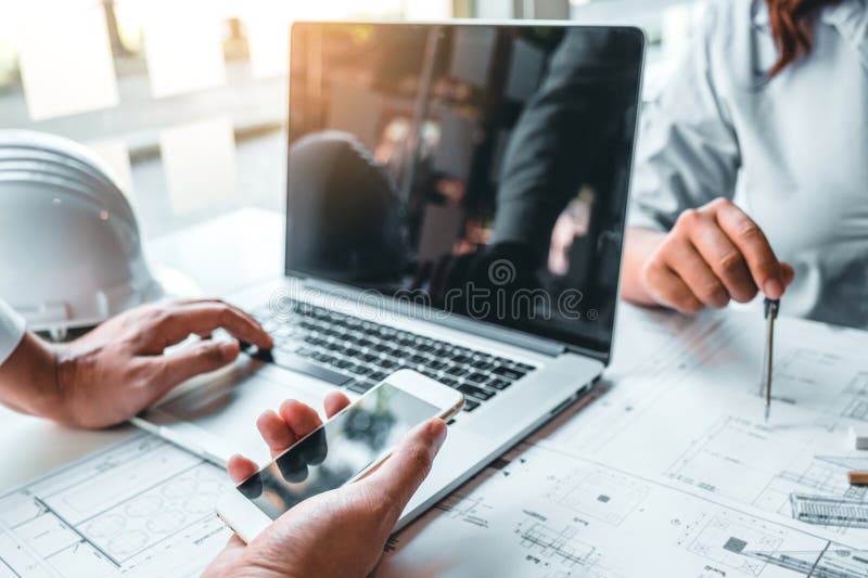 Team Engineer Drawing Graphic Planning and Meeting for Architectural ...