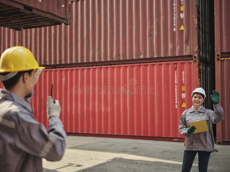 Team Engineer Examining Goods in Container Cargo Stock Photo - Image of ...