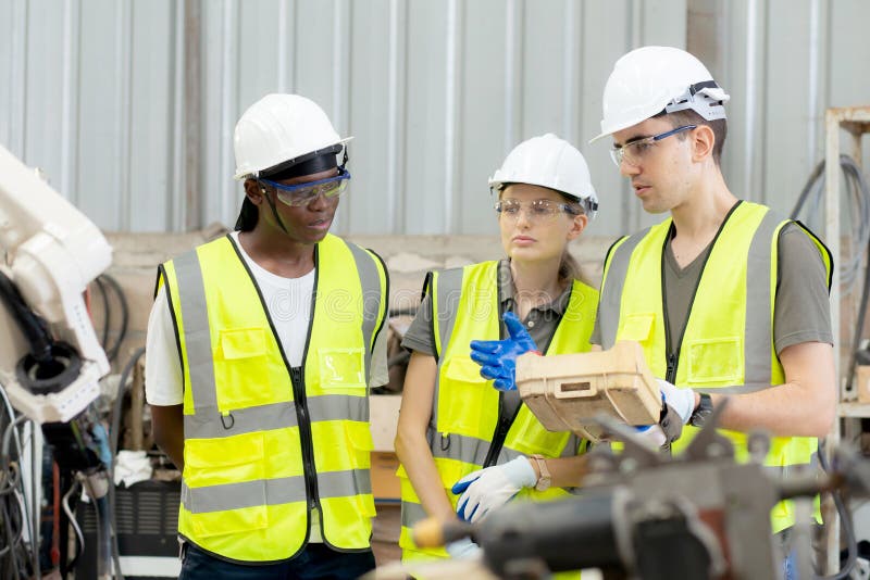 Team Engineer Man and Woman Talking and Explaining about Robot Arms ...
