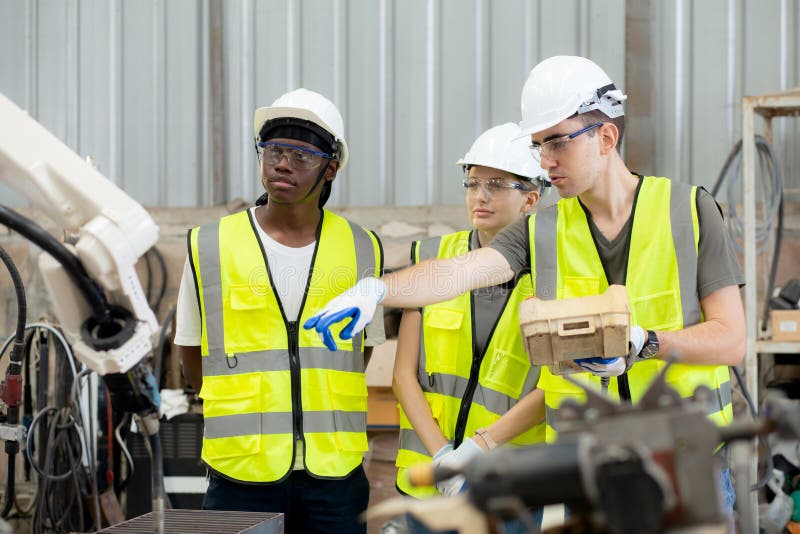 Team Engineer Man and Woman Talking and Explaining about Robot Arms ...
