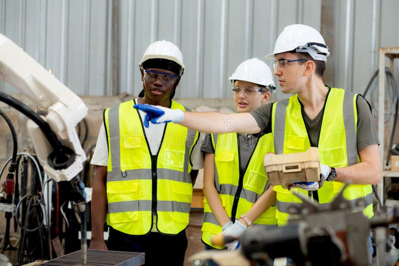 Team Engineer Man and Woman Talking and Explaining about Robot Arms ...