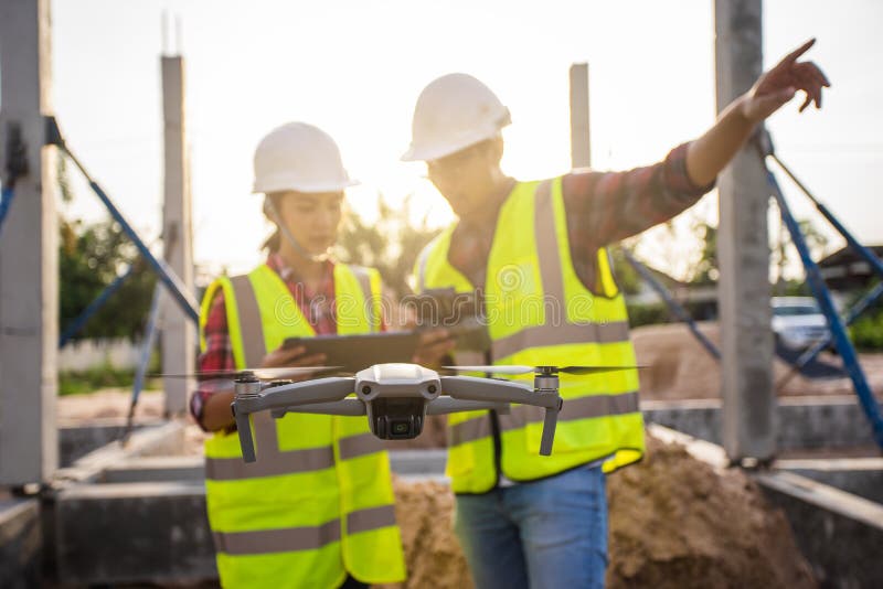 Team Engineer Surveyor Use Drone for Structure Inspection in ...