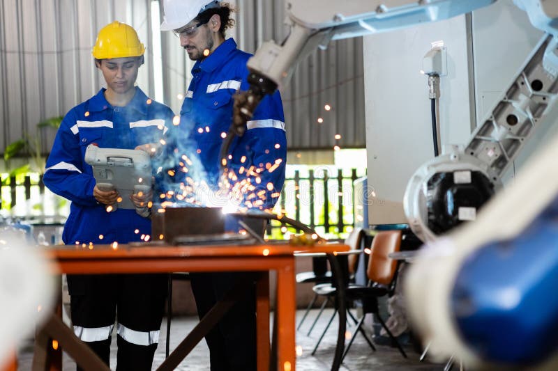 Team Engineer Using Remote Controller Steel Welding Robot Arm at ...