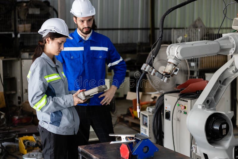Team Engineer Using Remote Robot Controller Operate Standing at ...