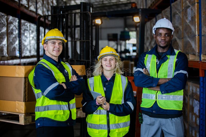 Team Engineering, Worker Standing at Warehouse. Teamwork Technician Arm ...