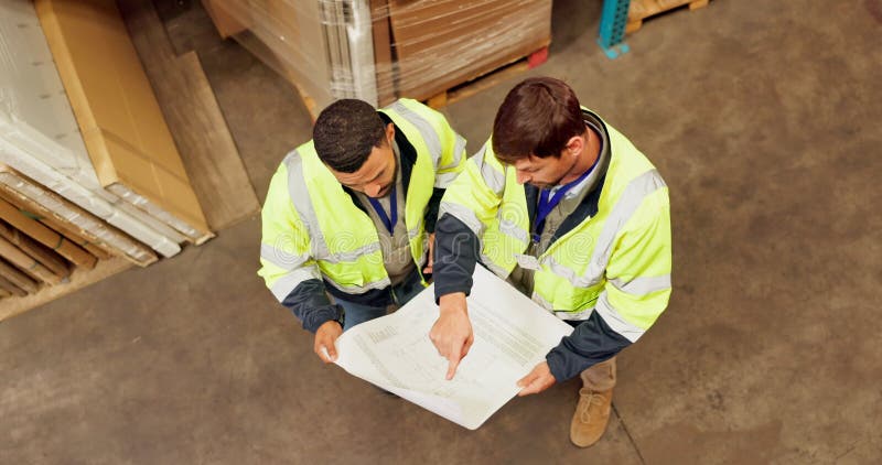 Team, Engineers and Blueprint for Construction of Warehouse with ...